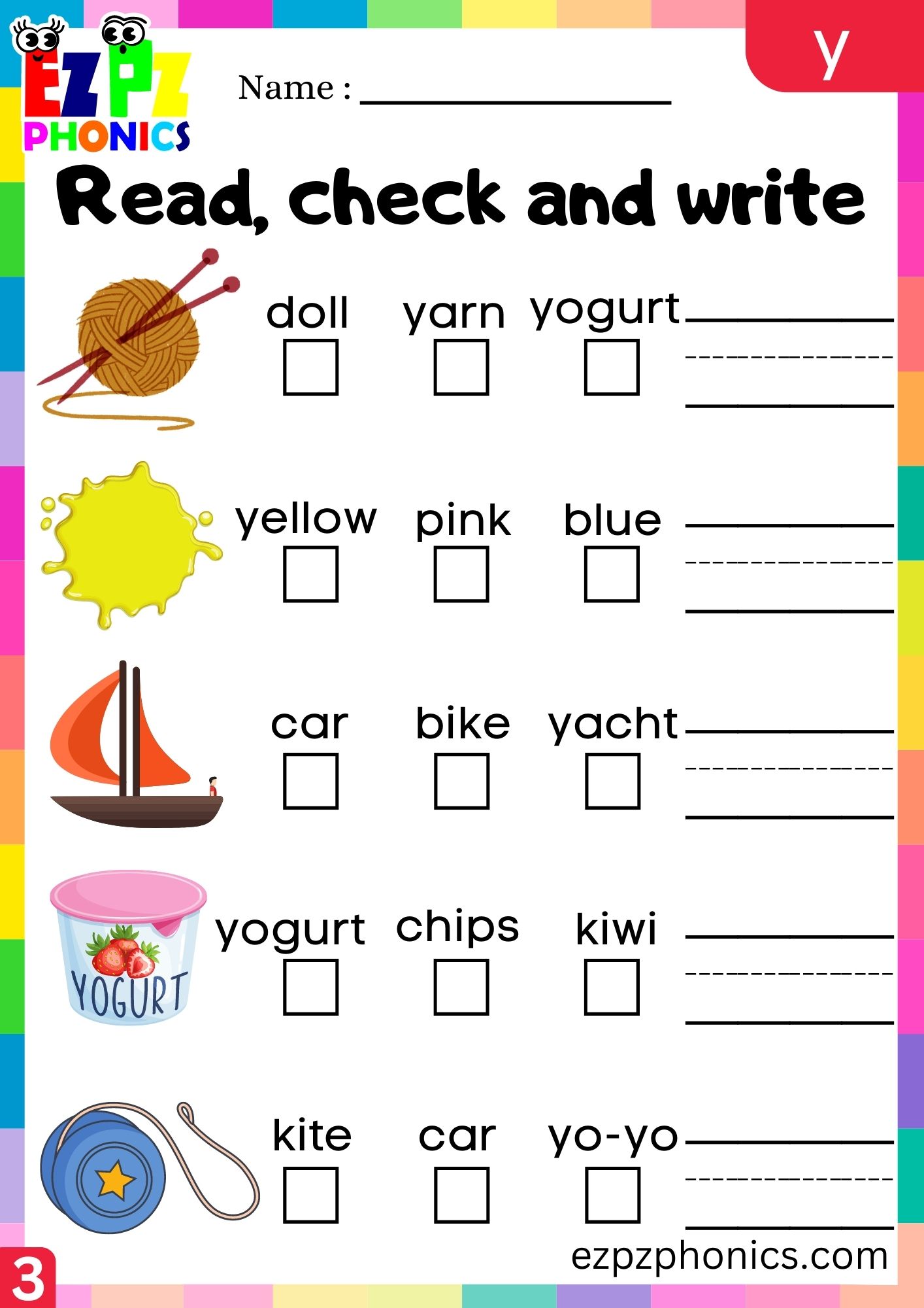 Letter y Read Check and Write the Words Group 3 - ezpzphonics.com